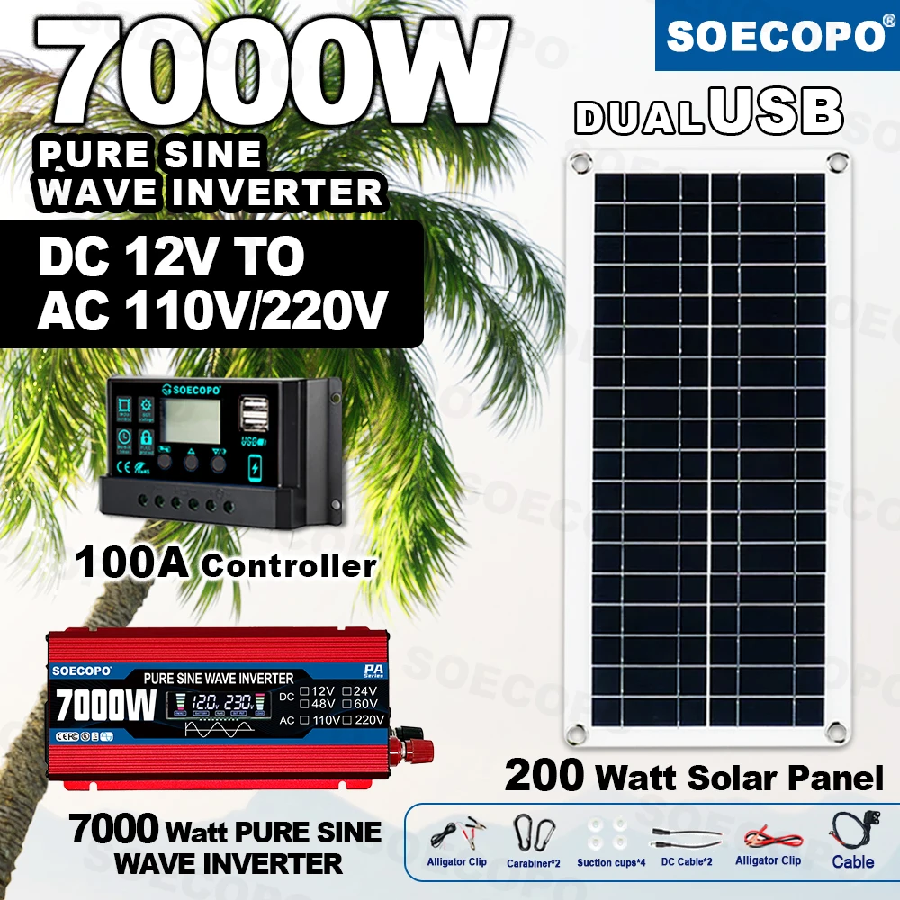 SOECOPO 7000W Pure Sine Wave Full Portable Solar System Kit 200W Panel ...