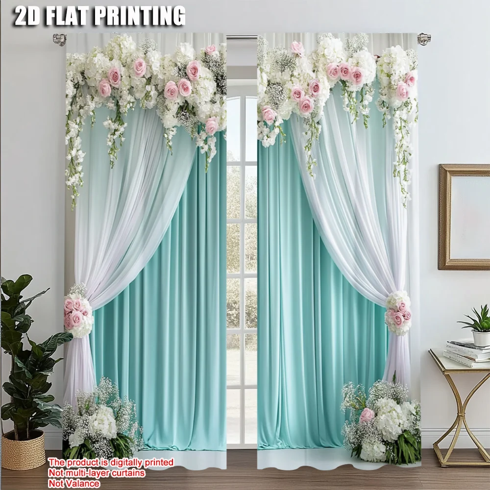 2pcs, Light Filtering Curtains 2D print Elegant Green and White Curtain ...