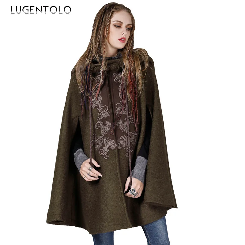 Winter Cape Women Hooded Woolen Loose Embroidery Thickened Autumn ...