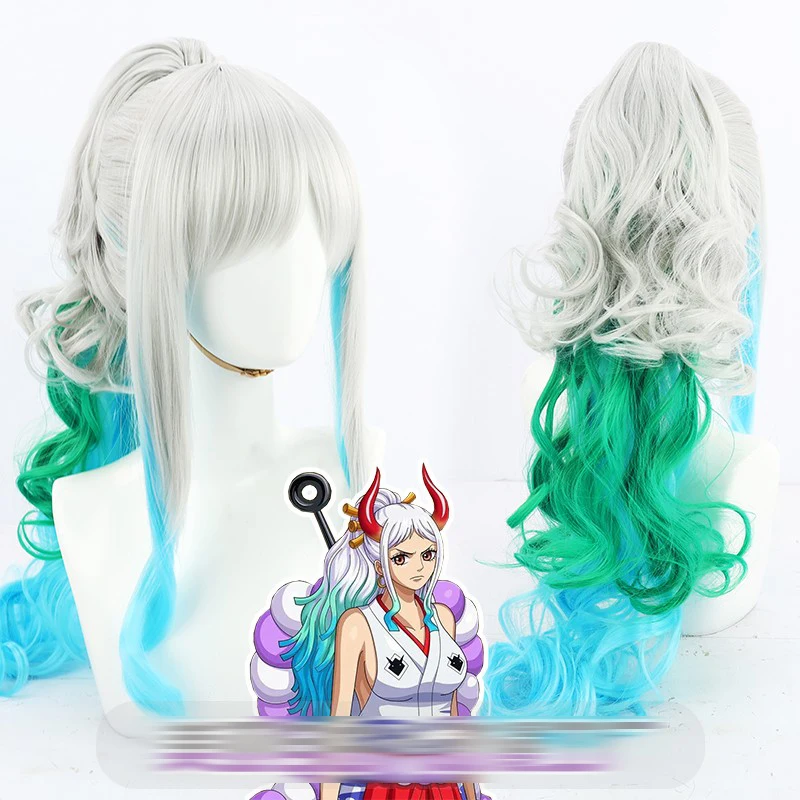 Anime One Piece Yamato Cosplay Wig 70cm Long Silver Blue Green Mixed ...