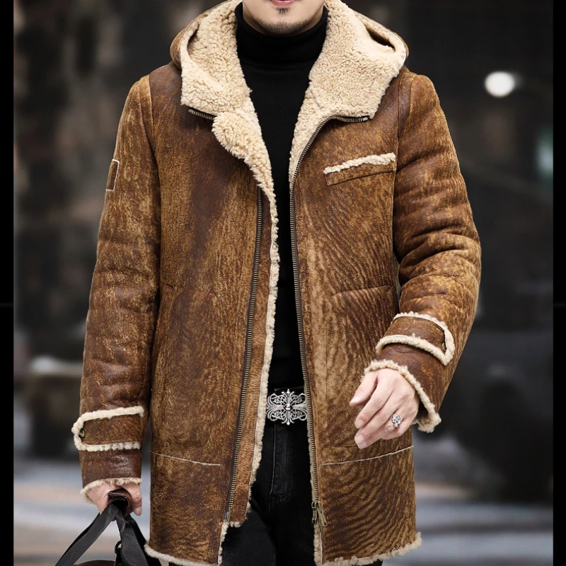 Natural Fur Integrated Winter Warm Coat Mens Long Hooded Genuine ...