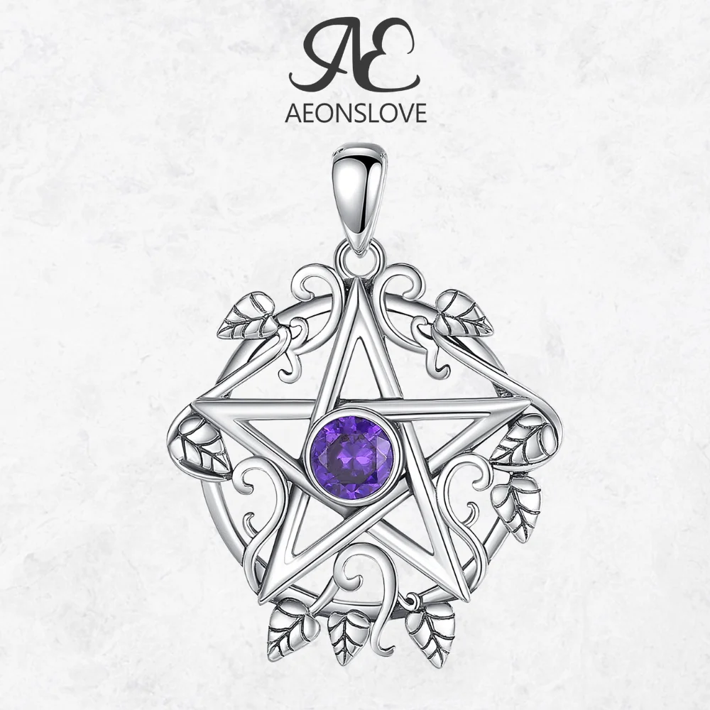 AEONSLOVE 925 Sterling Silver Wicca Pentagram Necklace Zircon Vine ...