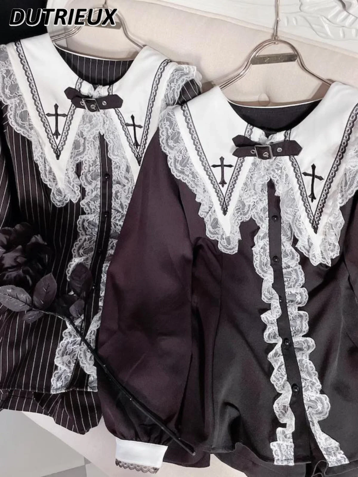 Japanese-Style-Cross-Embroidered-Long-Sleeve-Waist-Controlled-Top-Lapel ...