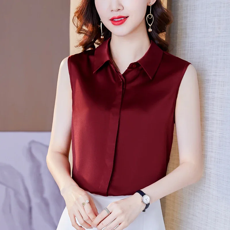 High-end-Elegant-Satin-Summer-Blouse-for-Women-Classic-Single-breasted ...