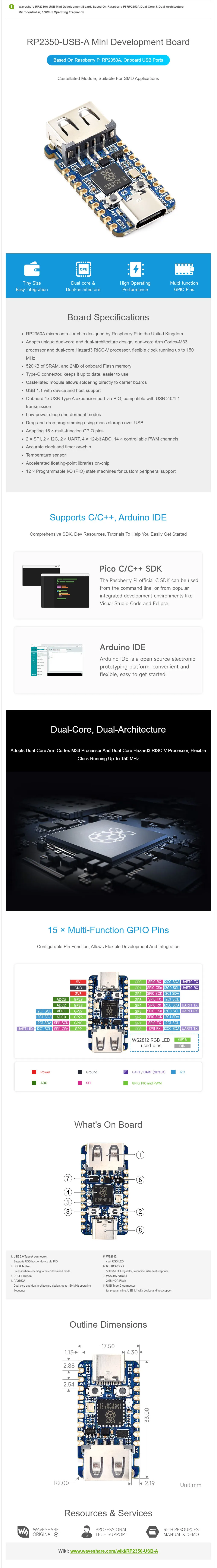 Мини-плата разработки USB Waveshare RP2350A, на базе двухъядерного и ...