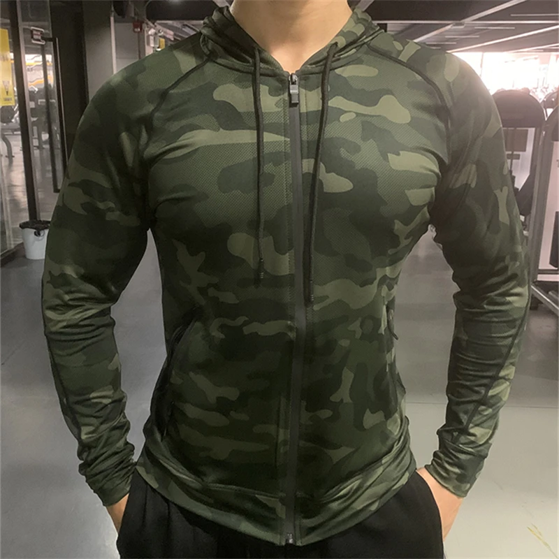 Men Outdoor Sports Jackets Hoodies Quick Dry Fit Long Sleeve Tops with Hood Male Running ...