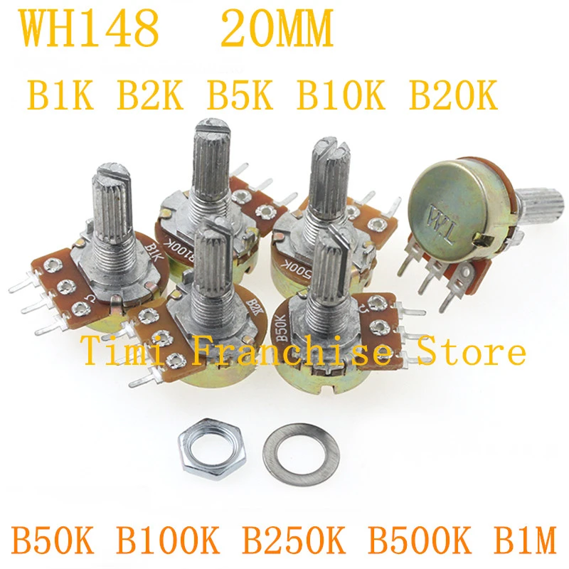 10Sets WH148 B1K B10K B20K B50K B100K B250K B500KOhm 20mm 3Pin Linear ...