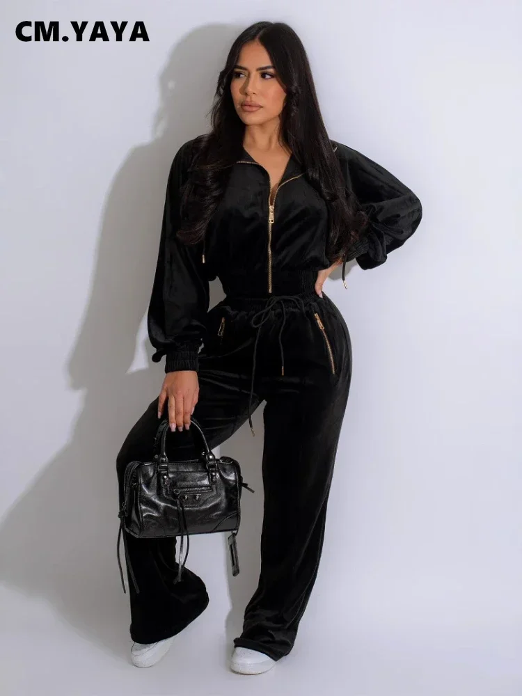 CM.YAYA Velvet Women's Set Full Sleeve Jacket and Wide Leg Sweatpants ...