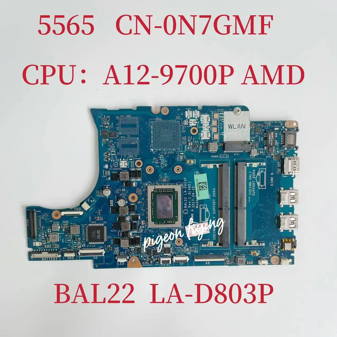BAL22 LA D803P 메인 보드 Dell Inspiron 5565 5765 노트북 마더 보드 CPU:A12 9700U AMD CN 0N7GMF 0N7GMF DDR4 ...