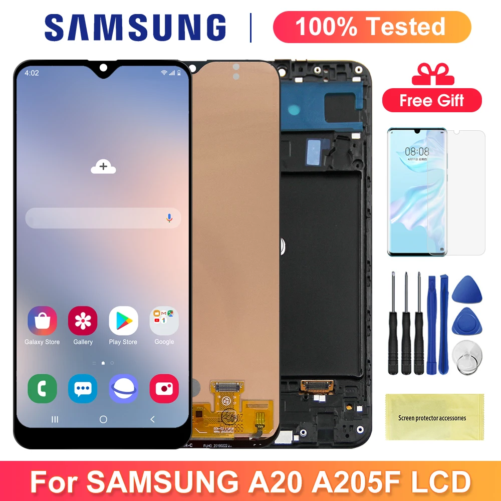 삼성 갤럭시 A20 A205F/DS A205G/DS Lcd 디스플레이 터치 스크린 디지타이저 어셈블리 교체 용 프레임이있는 ...