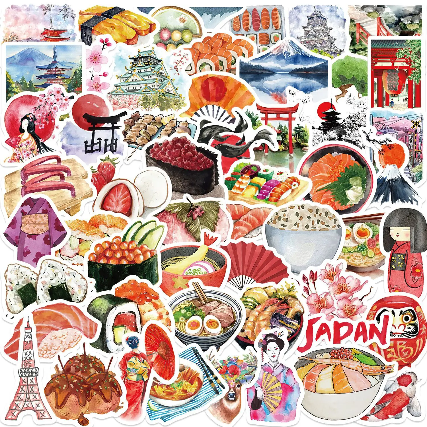 64pcs-Watercolor-Japan-Travel-Cartoon-Graffiti-Sticker-DIY-Phone-Guitar ...