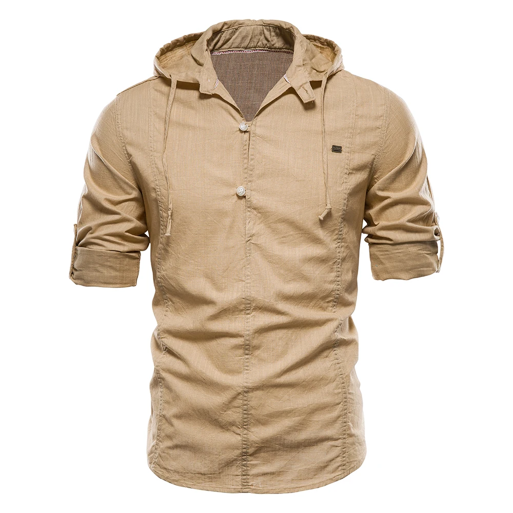 New-Design-Hoodied-Long-Sleeve-Linen-Shirt-Men-Solid-Color-100-Cotton ...
