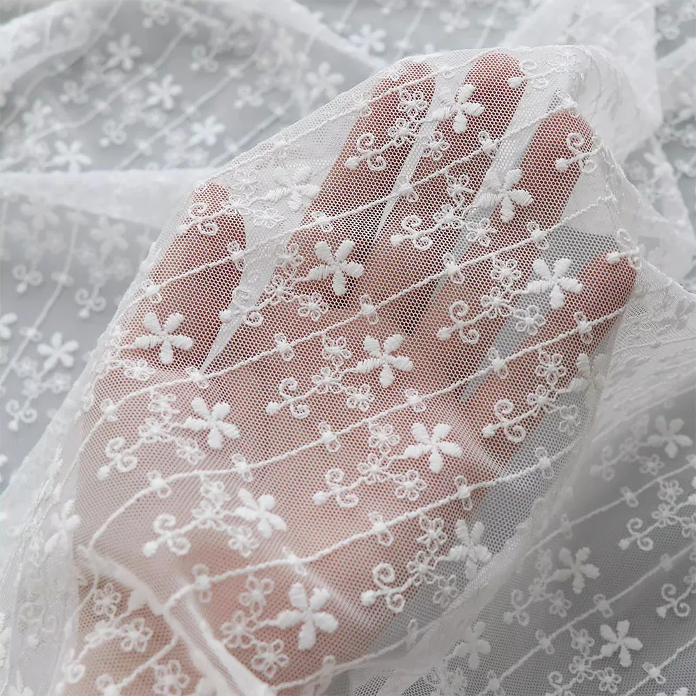 Pure White Cotton Thread Embroidered Soft Mesh Fabric, Clothing Sewing ...