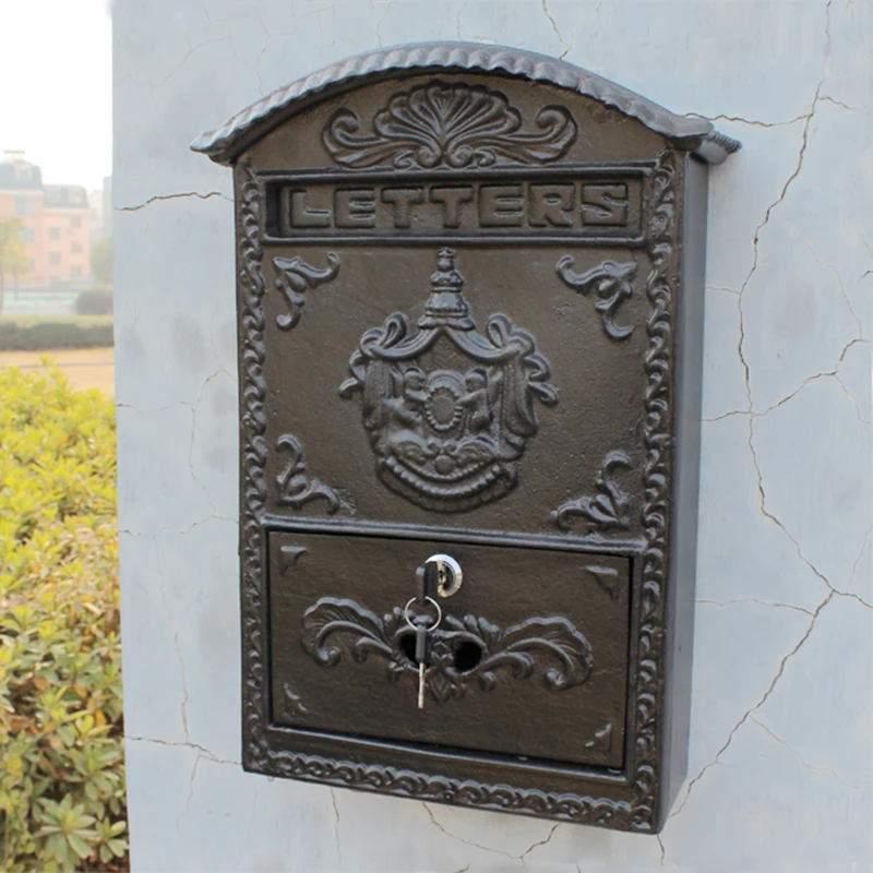 Cast-Iron-Mailbox-Postbox-Embossed-Trim-Decorative-Metal-Wall-Mail-Post ...
