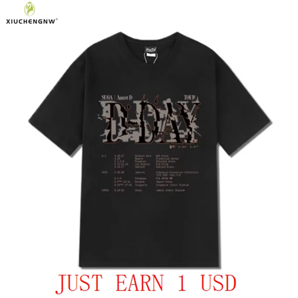 Kpop AGUST D D DAY TOUR MERCH 티셔츠 SU/GA 보컬 콘서트 동일 O넥 반팔 코튼 셔츠, Y2K 시크한 ...