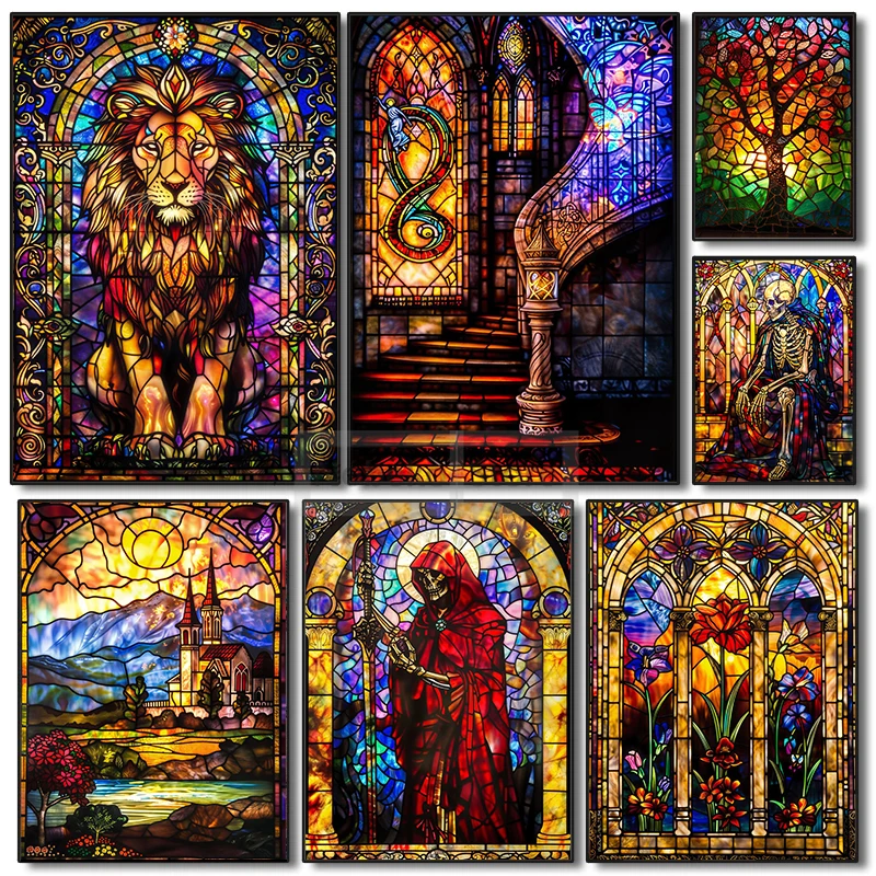 Stained-Glass-Posters-Golden-Stain-Glass-Window-Vivid-Colors-Prints ...