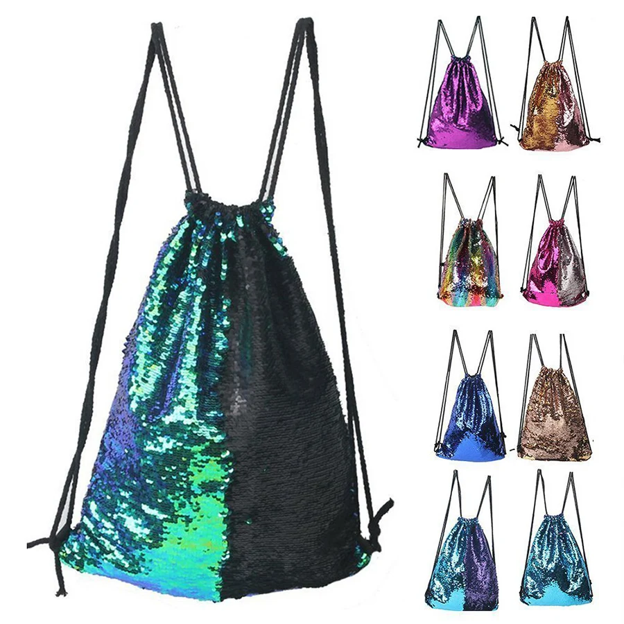 Women Shiny Sequin Drawstring Backpack Girl Fashion Outdoor Student ...