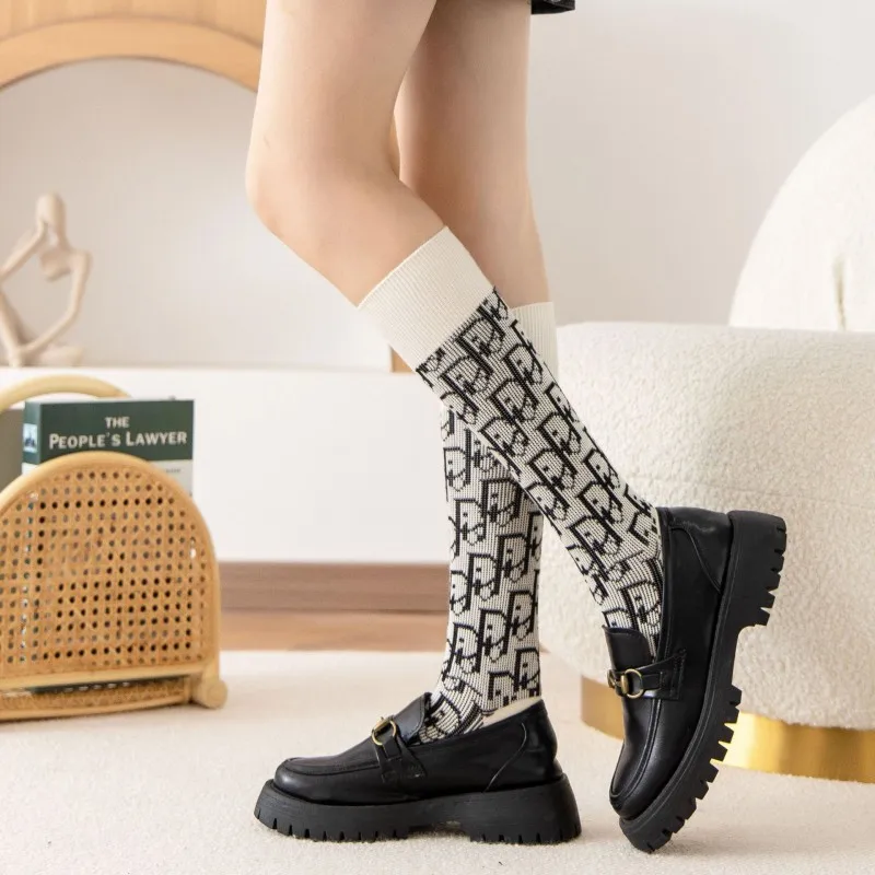 fashion luxury women's knee high Vintage Preppy Twin Needle Socks Women ...