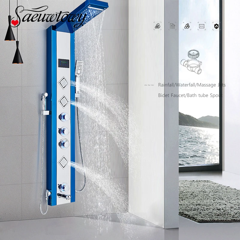 LED-Digital-Display-Shower-Panel-Column-Rainfall-Waterfall-Shower-Faucet-Massage-Jets-Bidet ...