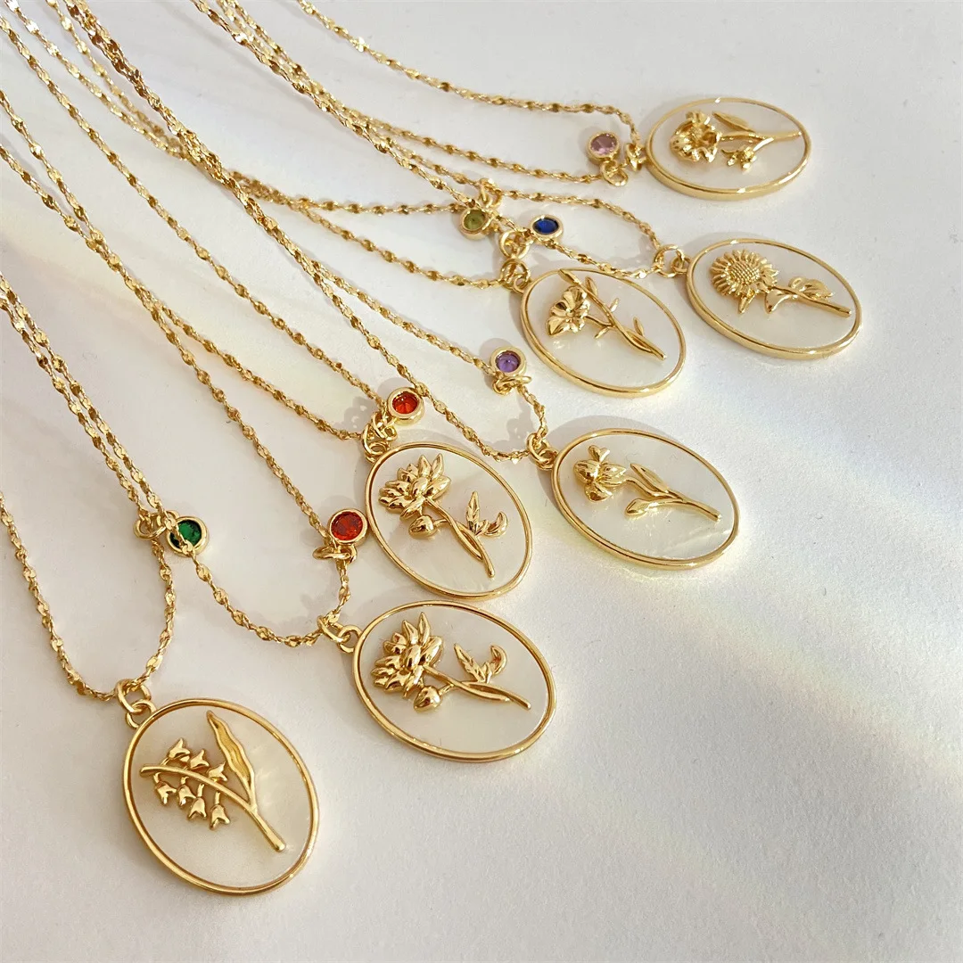 12 Birth Month Flower Birthstone Necklace for Women Charm White Shell ...