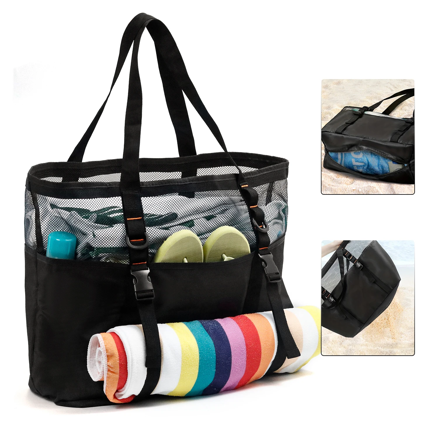 Multiple Lightweight Pockets Foldable Black Mesh Beach Bag Mesh Duffel ...