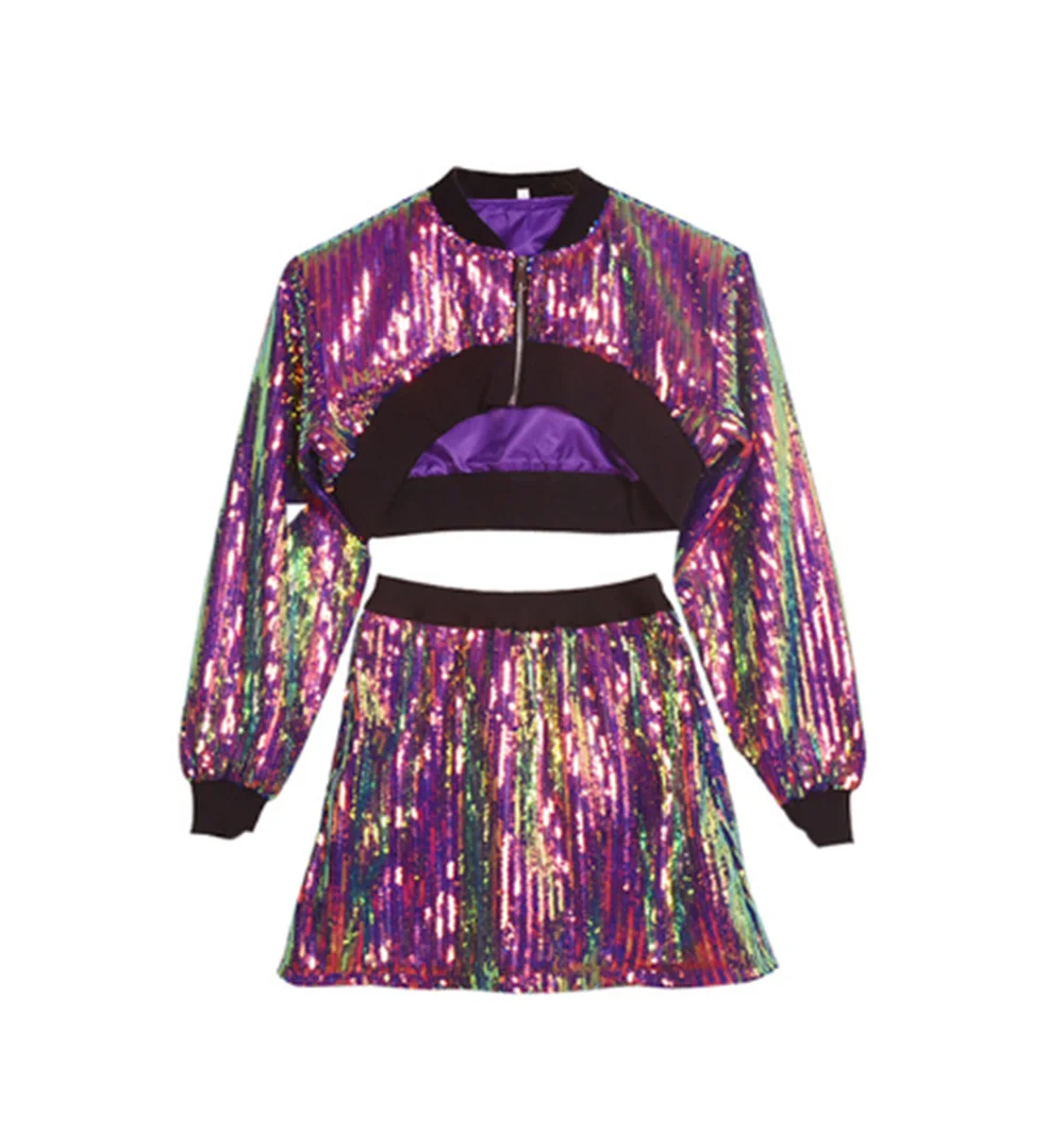Purple-Sequins-Kpop-Jazz-Dance-Outfit-Coat-Skirt-Adult-Women-Street ...
