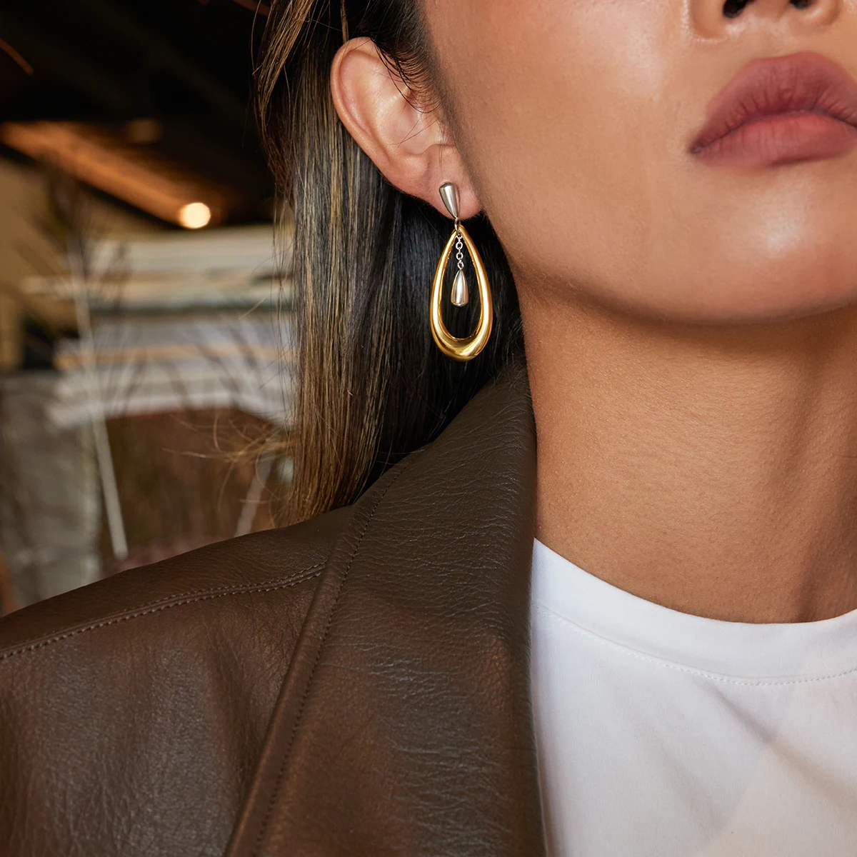 Yori Gold Silver Two-tone Teardrop Pendant Stud Earrings 18K Gold Color ...