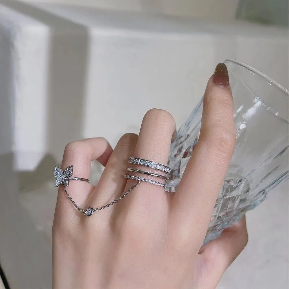 Trendy-Double-Finger-Chain-Rings-for-Women-Ring-Set-Tassel-Butterfly ...