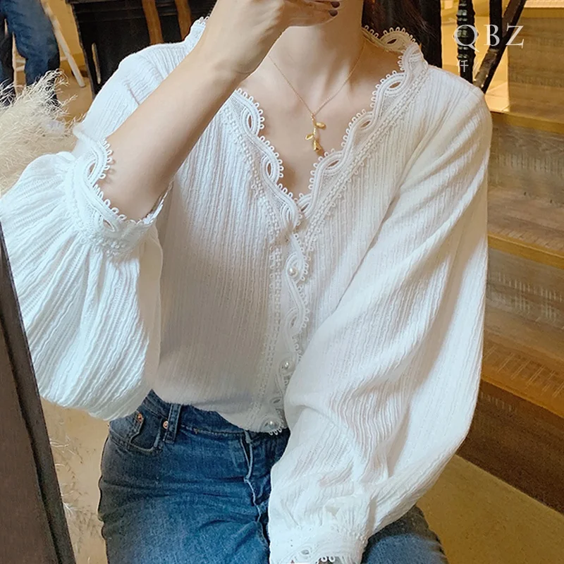 V 넥 레이스 셔츠 디자인 요정 서양식 다목적 긴 소매 탑 슬리밍 셔츠 여성용 신제품 플러스 사이즈 봄