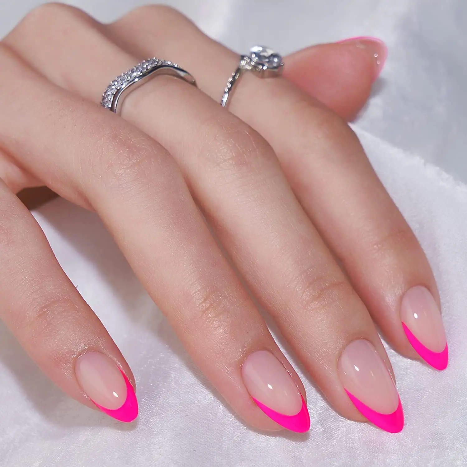 French Tip Press On Nails Almond Hot Pink Short Stick Fake Nails For ...