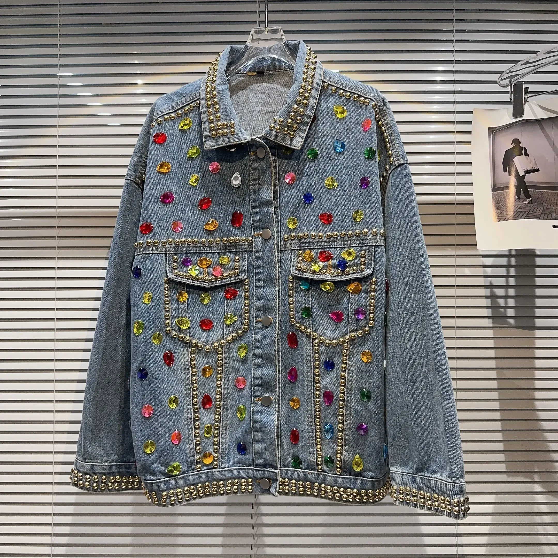 Spring-Autumn-Rainbow-Color-Diamonds-Beaded-Denim-Coat-Gemstones-Rivets ...