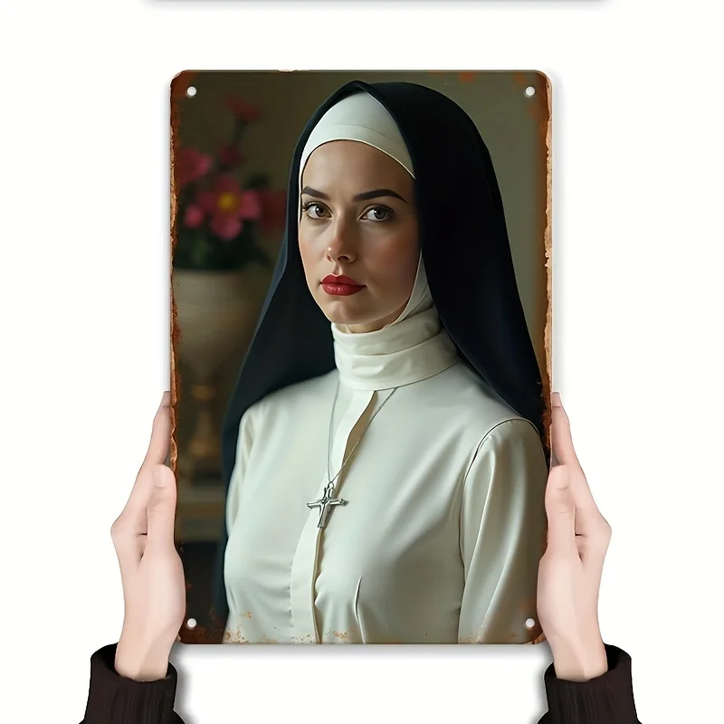 Vintage Style Iron Wall Sign - Serene Nun Portrait, , Black & White ...