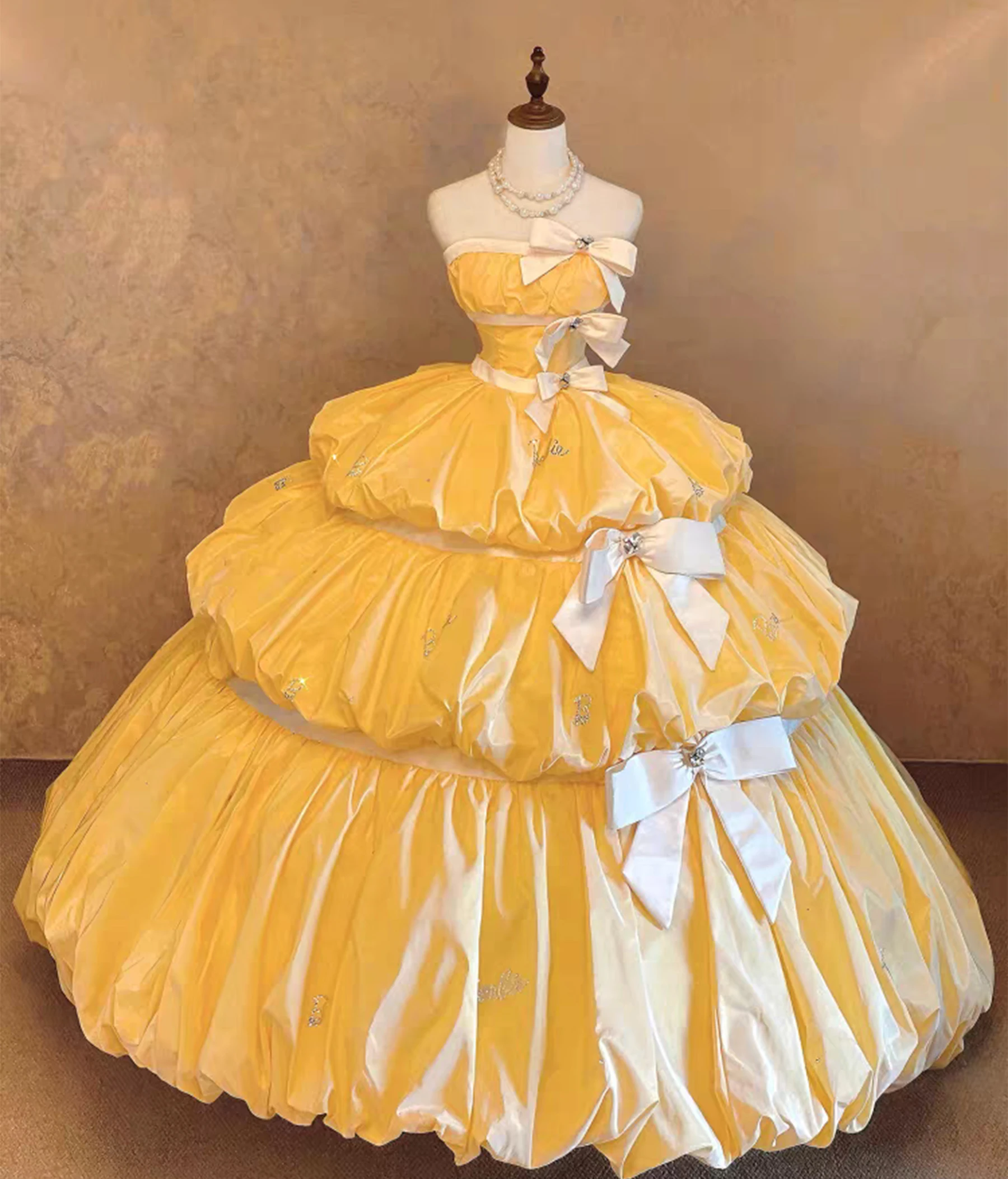 Elegant Yellow Satin Quinceanera Dresses Tiered Pleats Princess Dresses ...