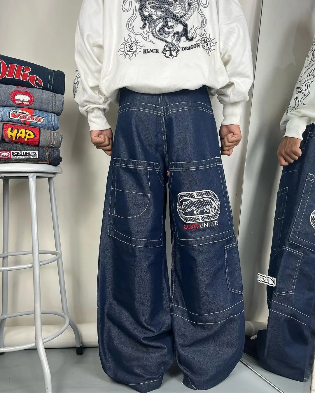 90s-American-Oversized-Embroidered-Rhino-Pattern-Black-Jeans-Men-s-Wide ...