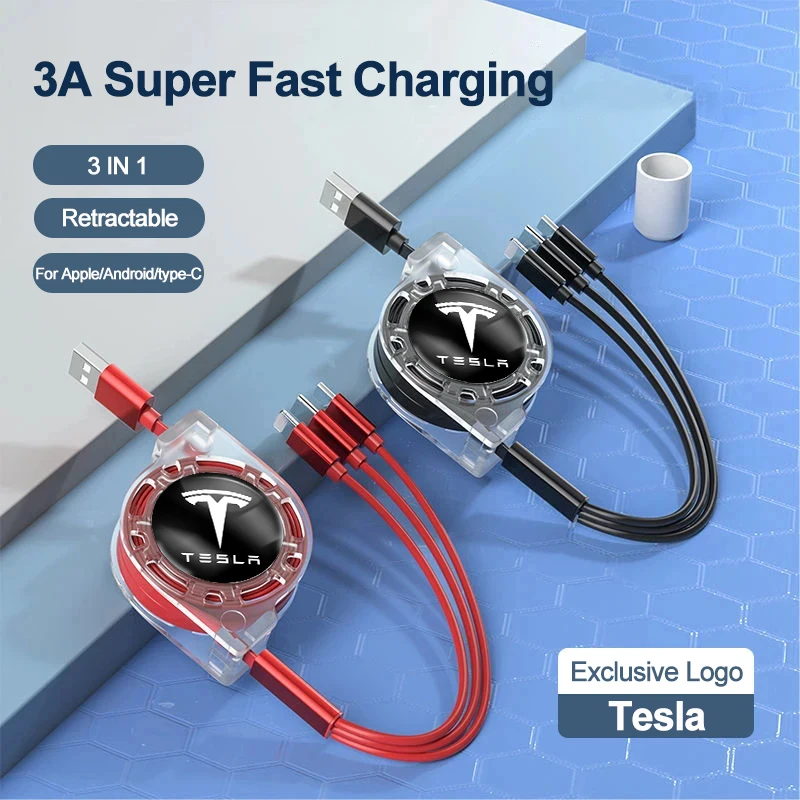 Tesla Emblem Car Badge Fast Charging Cable 3 in 1 USB Cable Type C ...