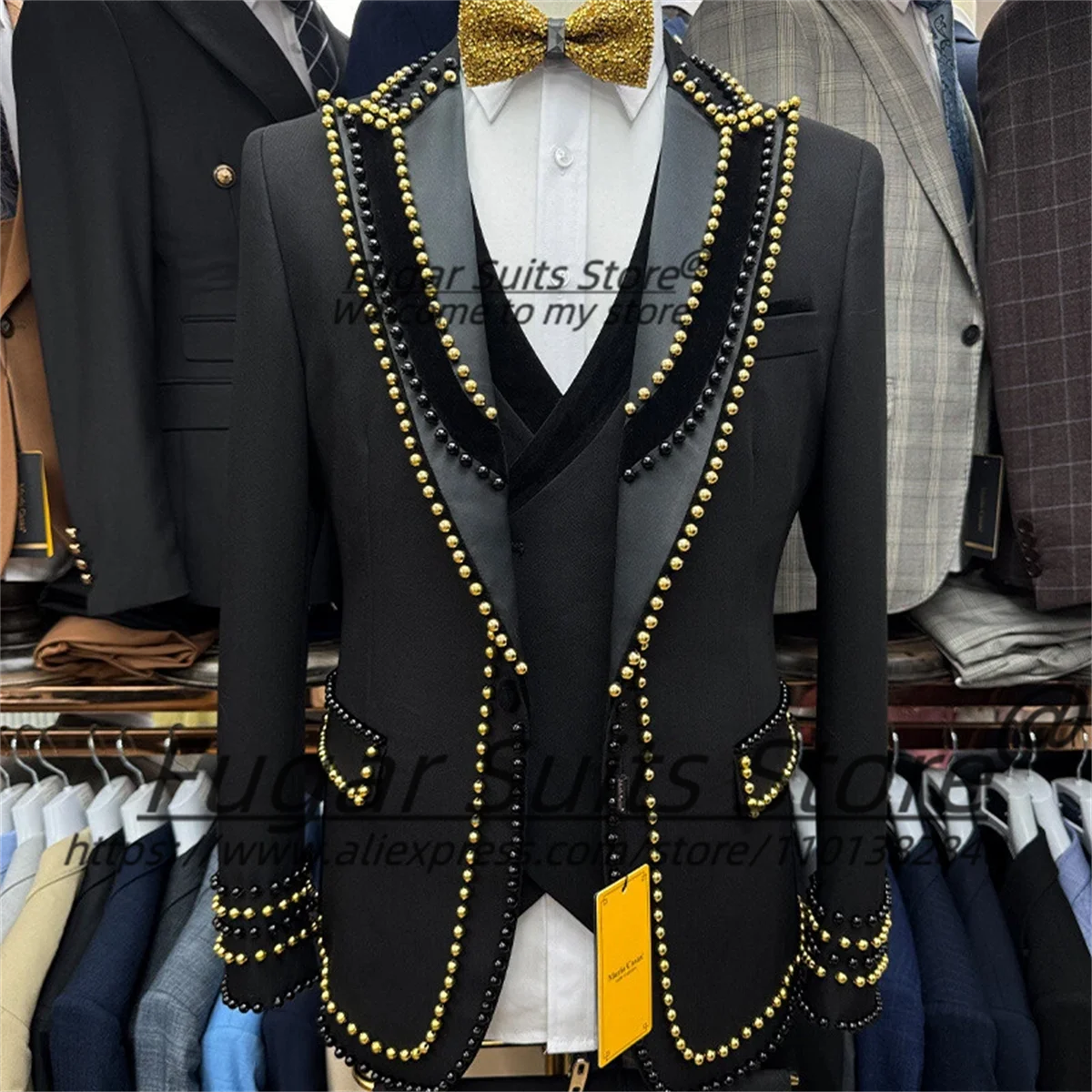 Customized Gold Black Pearls Formal Men Suits Slim Fit Peak Lapel Groom ...