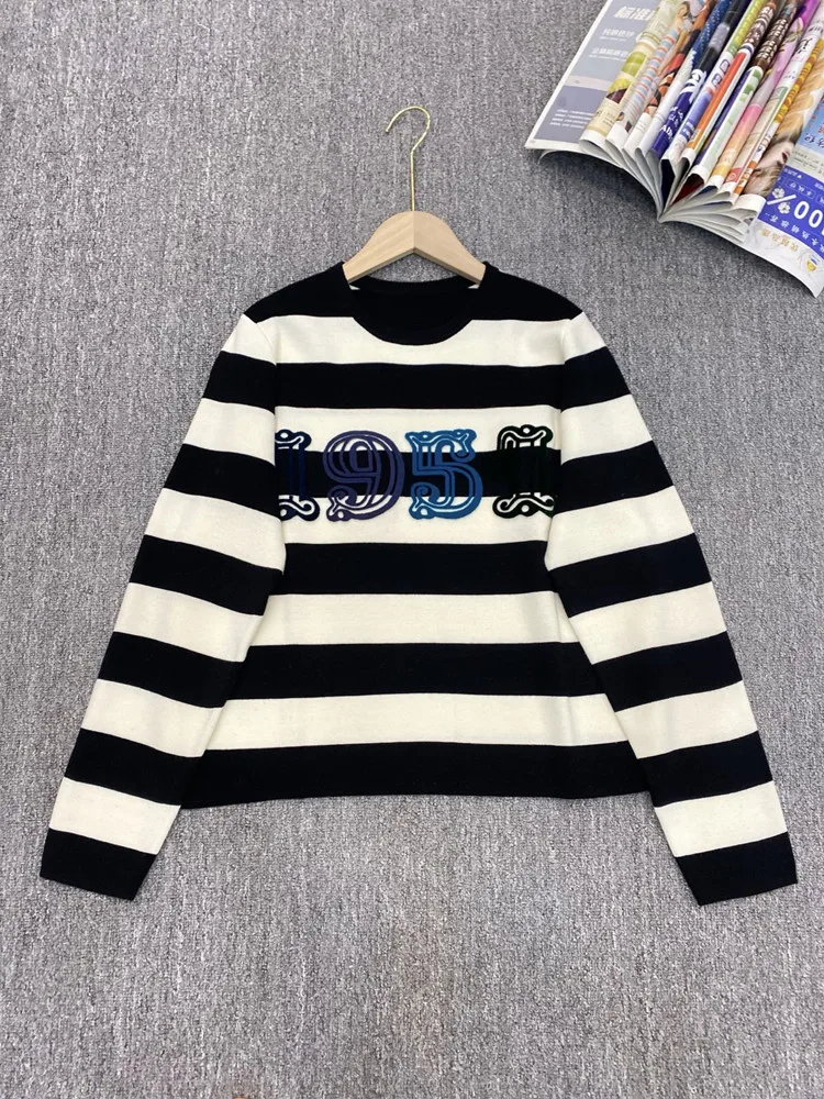 Women 100% Wool Sweater Top Flocking Numbers Stripes Long Sleeve Lady O ...