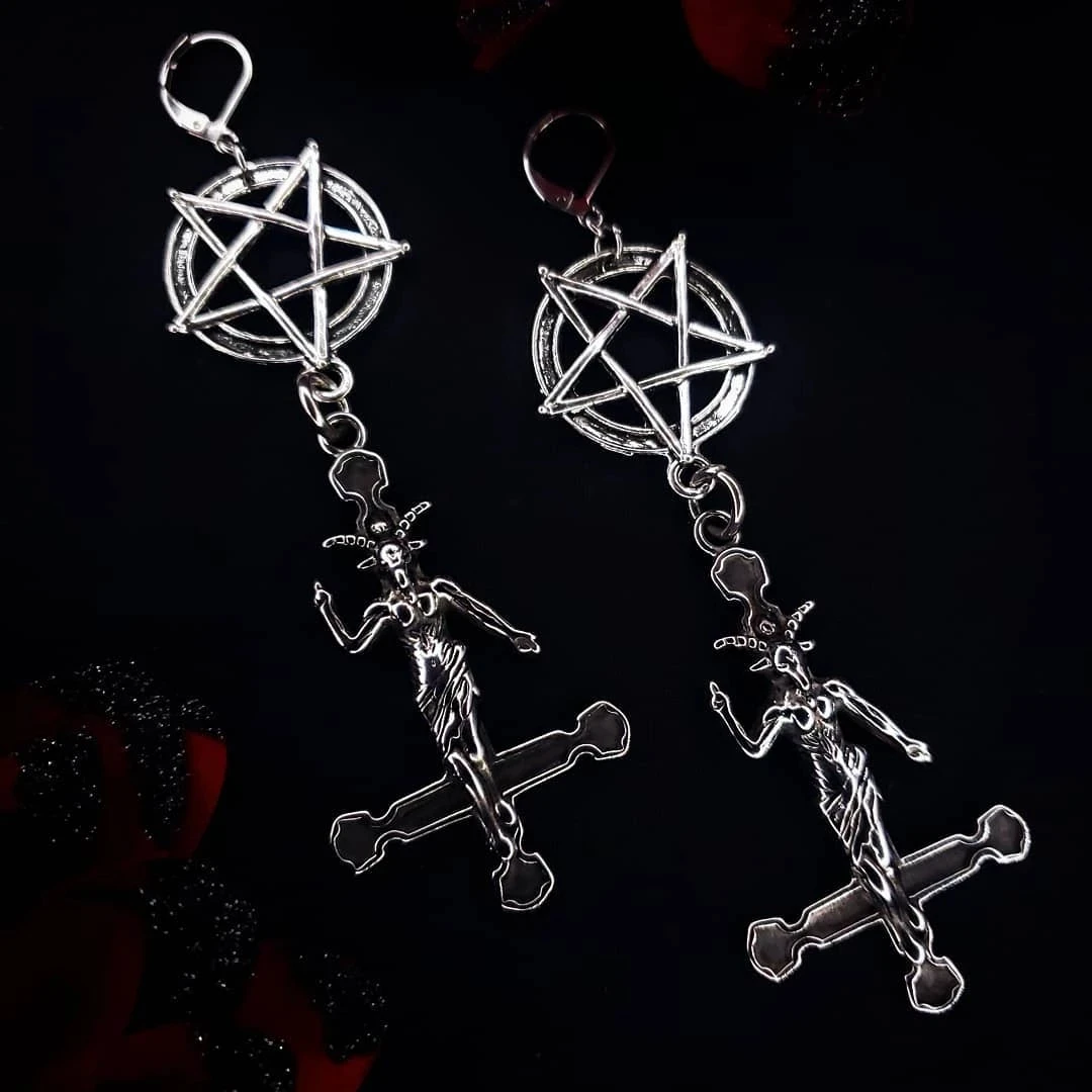 Goth Punk Style Inverted Pentagram Baphomet Satan Earrings Religion ...
