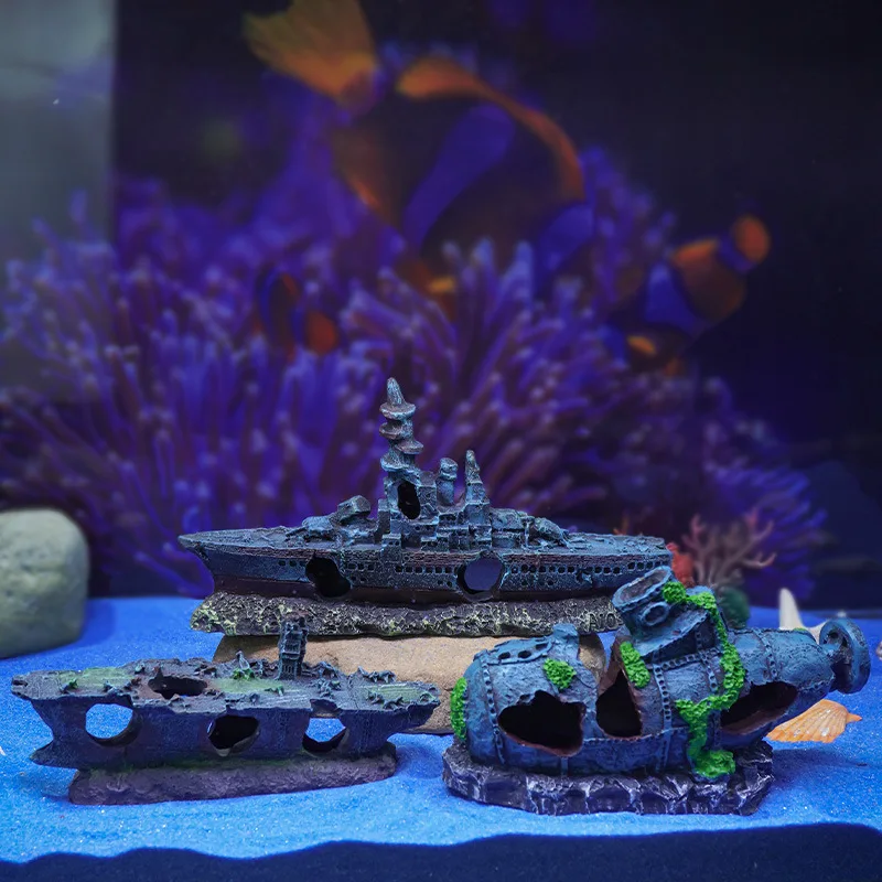 Retro Aquarium Fish Tank Landscape Wreck Ship Decoration Hollow Cave ...