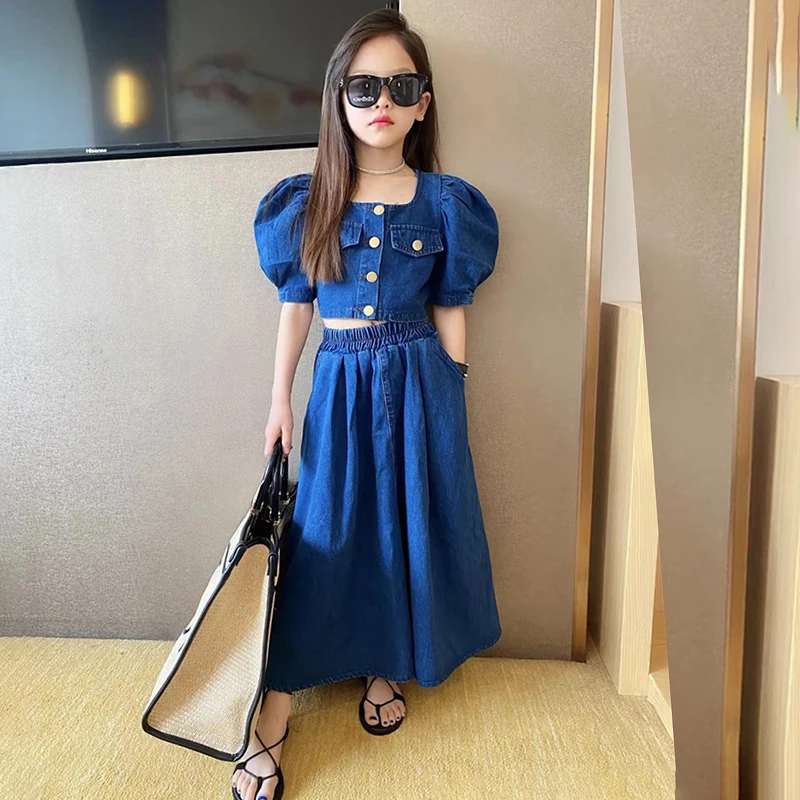 Summer Girls 2 Pcs Set Toddler Short Jacket + Skirt Kids Denim Suits ...