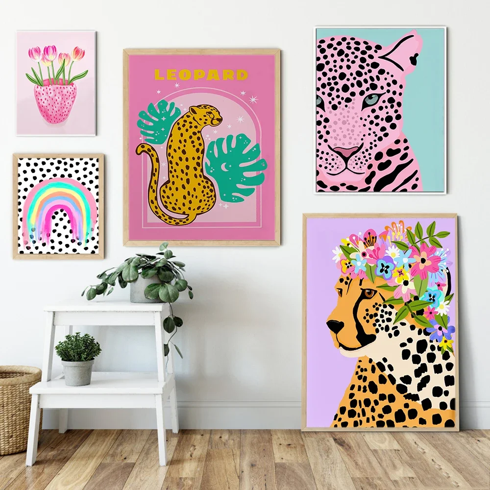 Scandinavian Modern Wall Art Cartoon Abstract Corolla Cheetah Pink ...