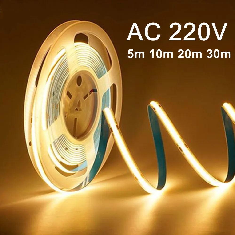 5m 10m 20m 30m COB LED Strip Light 220V Flex Tape Lamp with IC Chip ...