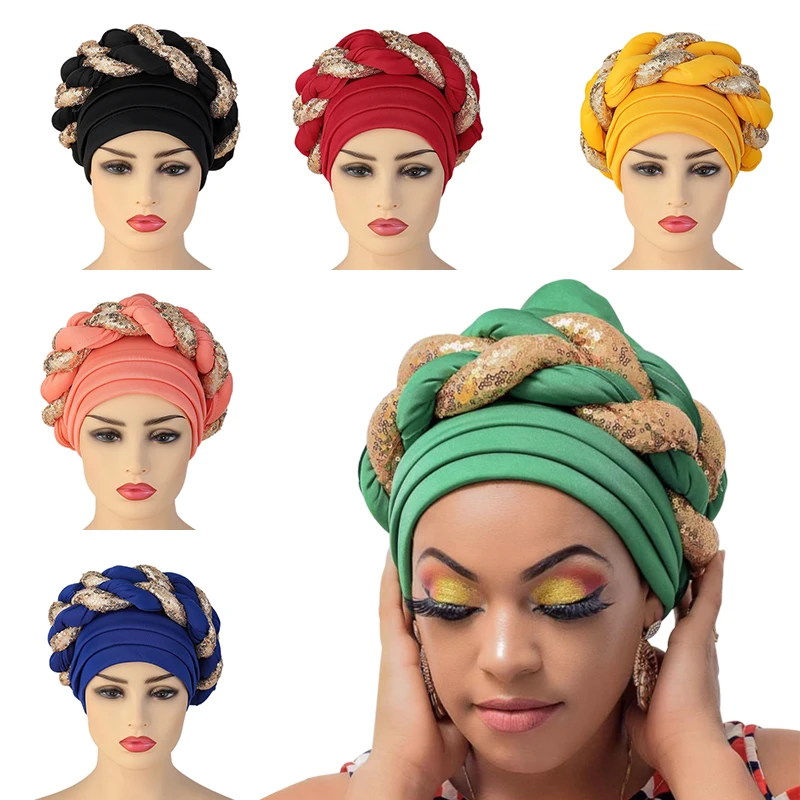 Arab Wrap Muslim Scarf Hijabs Turbans African Headtie Sequin Braid Hat ...