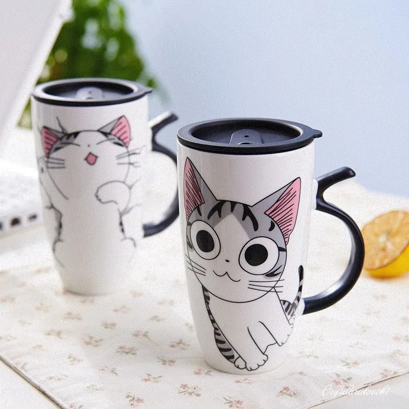 Creative Cute Cat Ceramics Mug With Lid Large Capacity 600ml Animal ...
