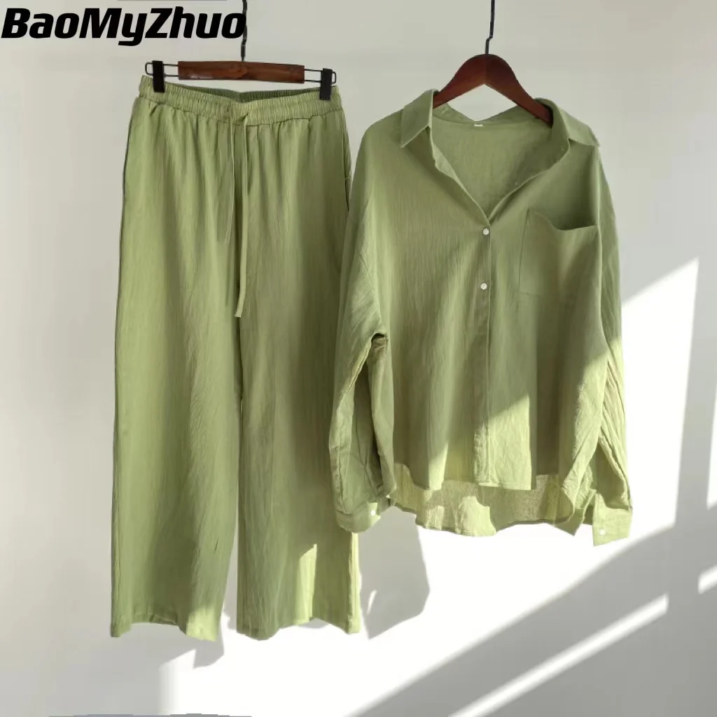 Ensemble Deux Pièces En Coton Et Lin Pour Femme, Chemise À Manches Longues Et Pantalon ...