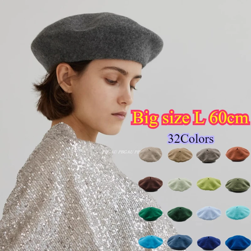 Blue Large Size 100% Wool Beret Women Men Big 60cm Size Solid Color ...