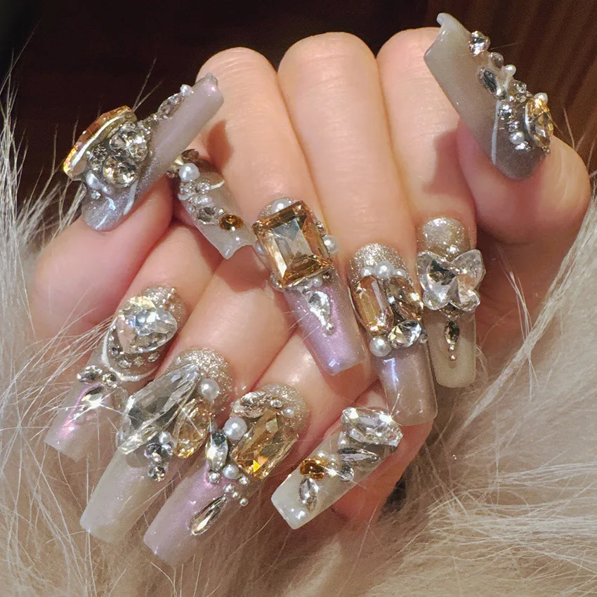 Luxury-Handmade-Fake-Nails-Sparkly-Diamond-Designed-Long-Coffin-Press ...