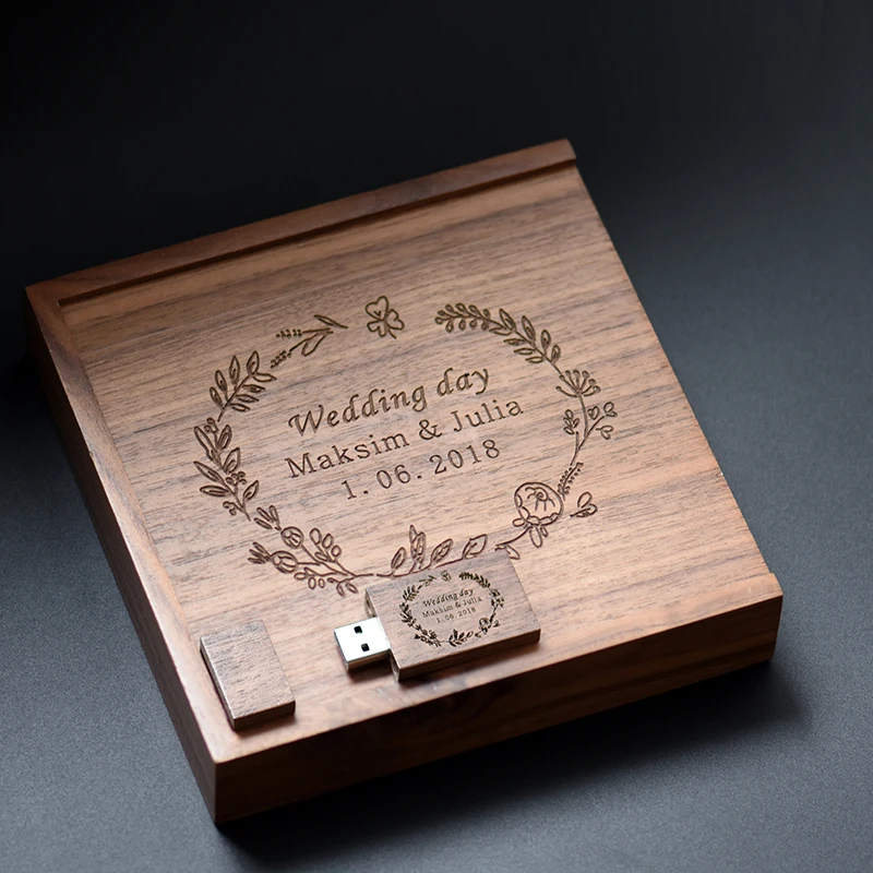 Walnut Wood Photo Gift Box USB Flash Drives Free Logo Wedding Custom ...
