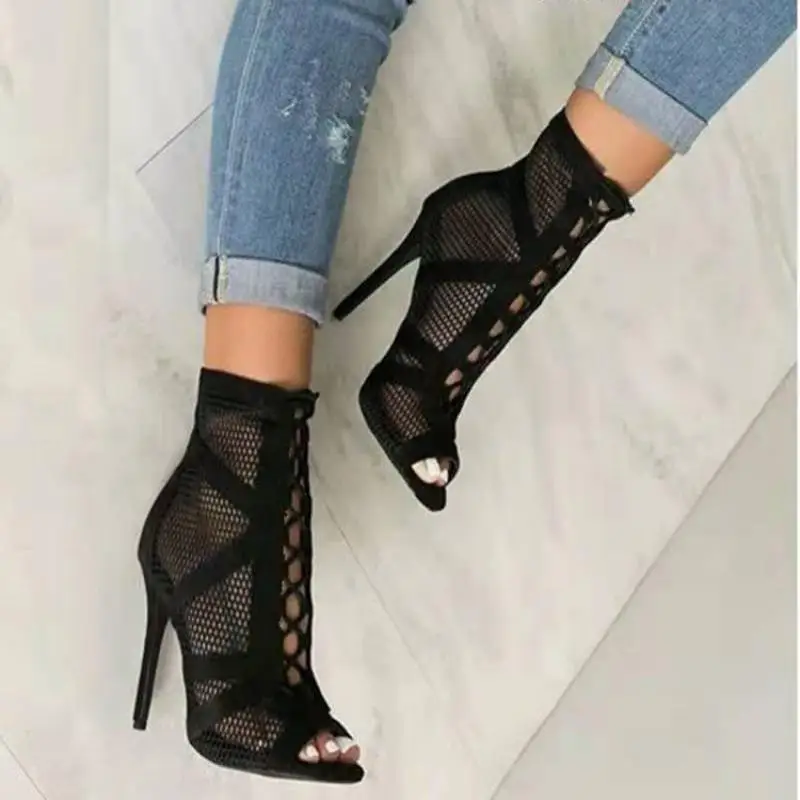 New-Fashion-show-Black-Net-Fabric-Cross-strap-Sexy-high-heel-Sandals ...
