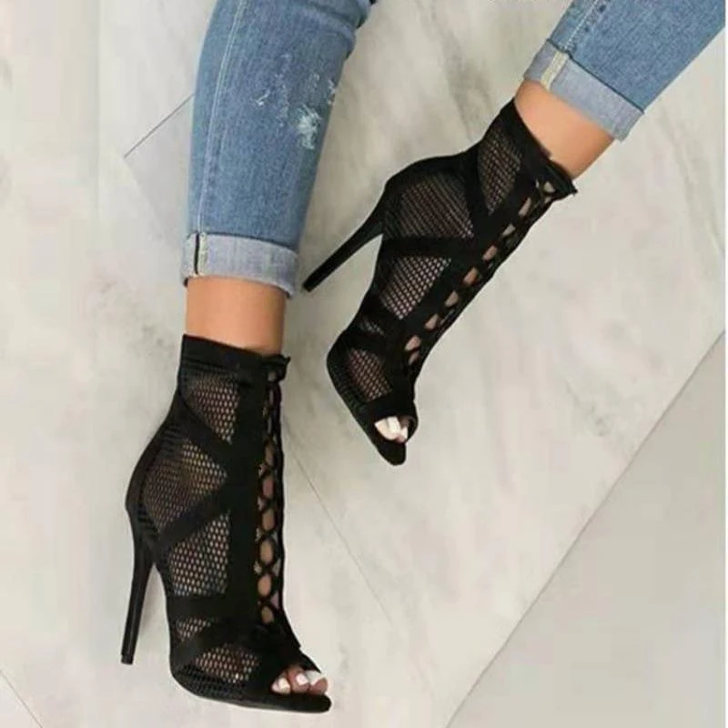 New Fashion show Black Net Fabric Cross strap Sexy high heel Sandals ...